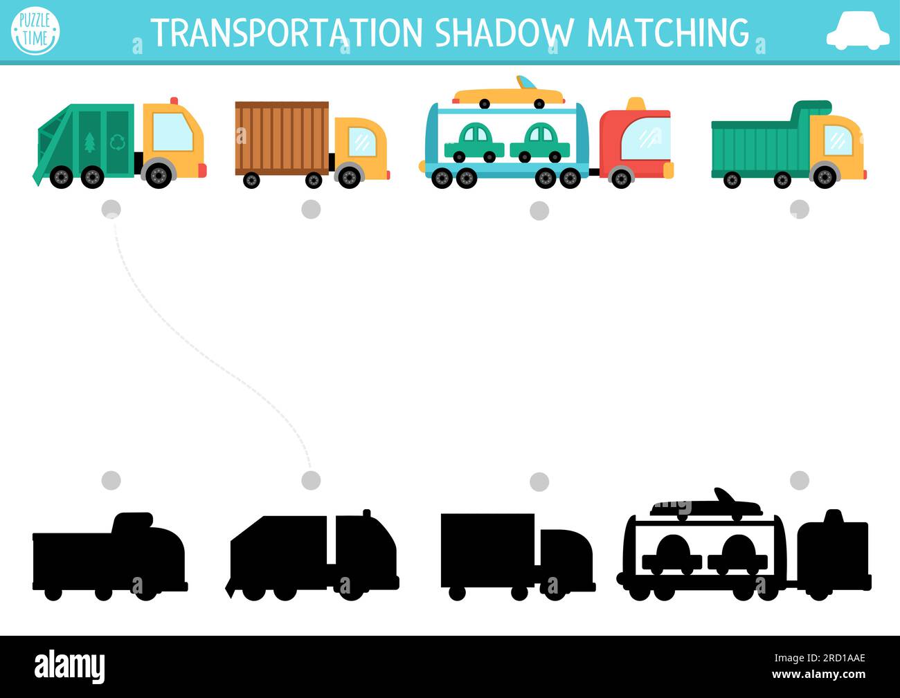 Transportation shadow matching activity. Transport puzzle with cute ...
