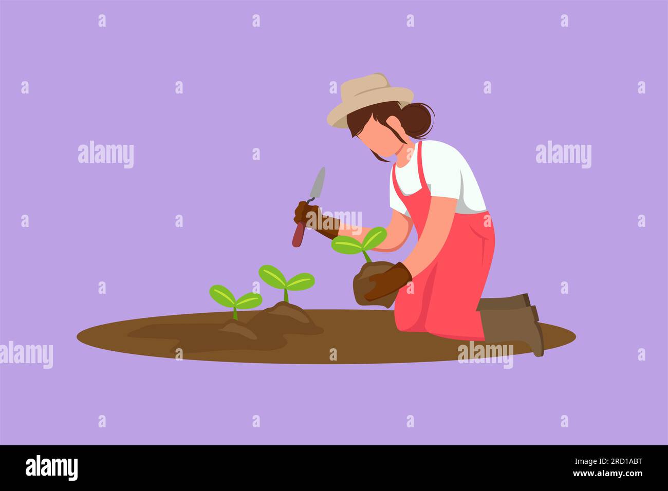 Graphic flat design drawing happy young female farmer planting plant ...