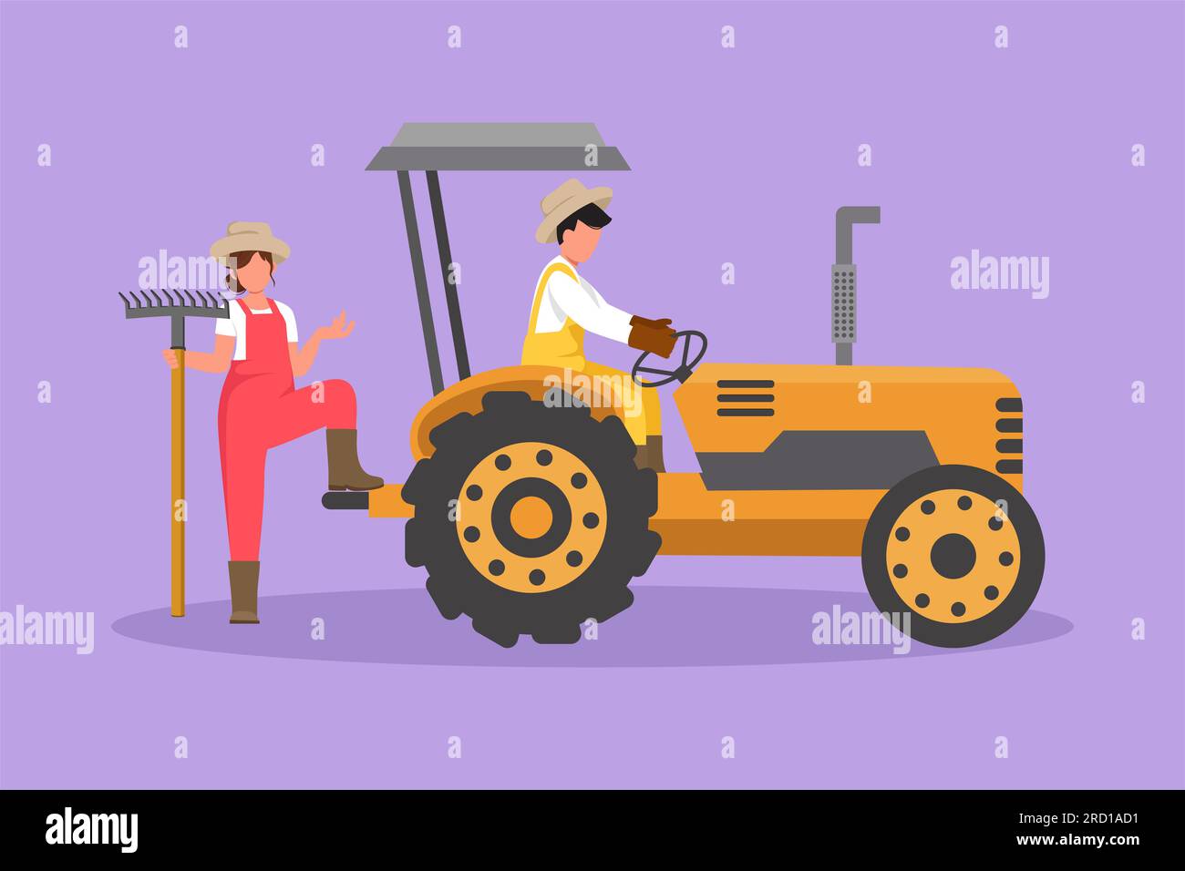 Cartoon flat style drawing happy couple farmers with tractor. Man drive ...