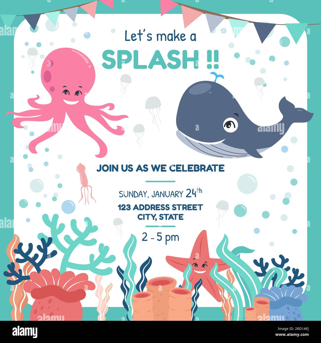 A vector illustration of Ocean Animals Themed Party Invitation Card ...