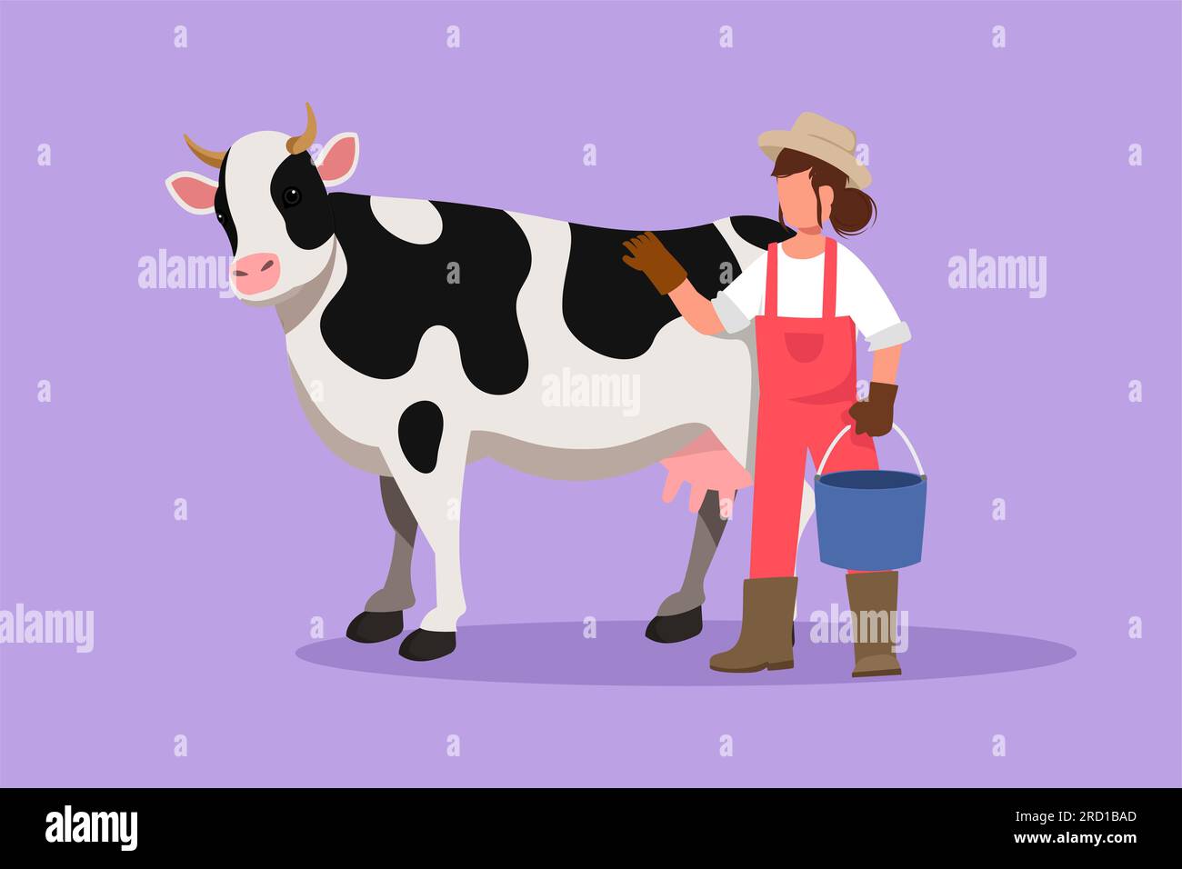 Graphic flat design drawing female farmer character standing near cow ...