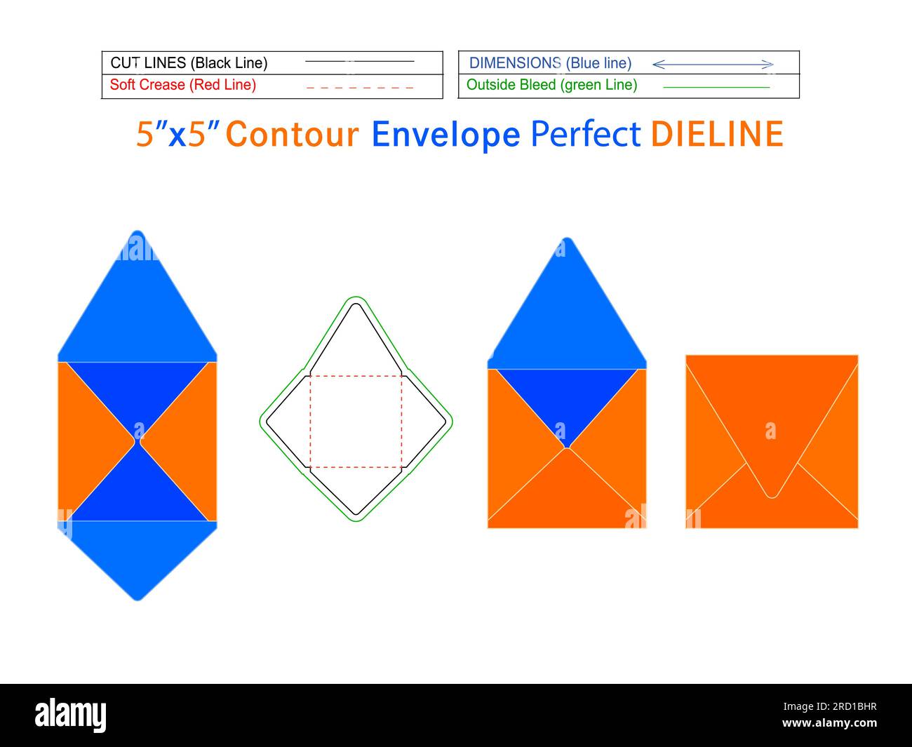Square Packaging Contour envelope 5x5 inch die line template and 3D ...