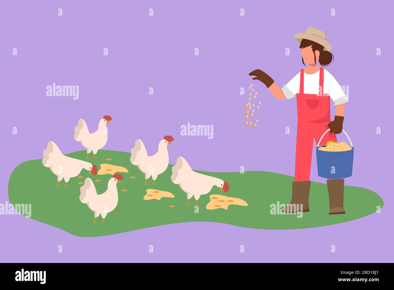 Graphic flat design drawing woman farmer holding bucket of seeds and ...