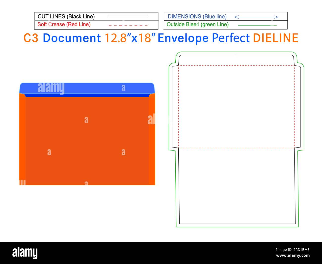 Packaging Document envelope C3 12.8x18 inch die line template and 3D ...