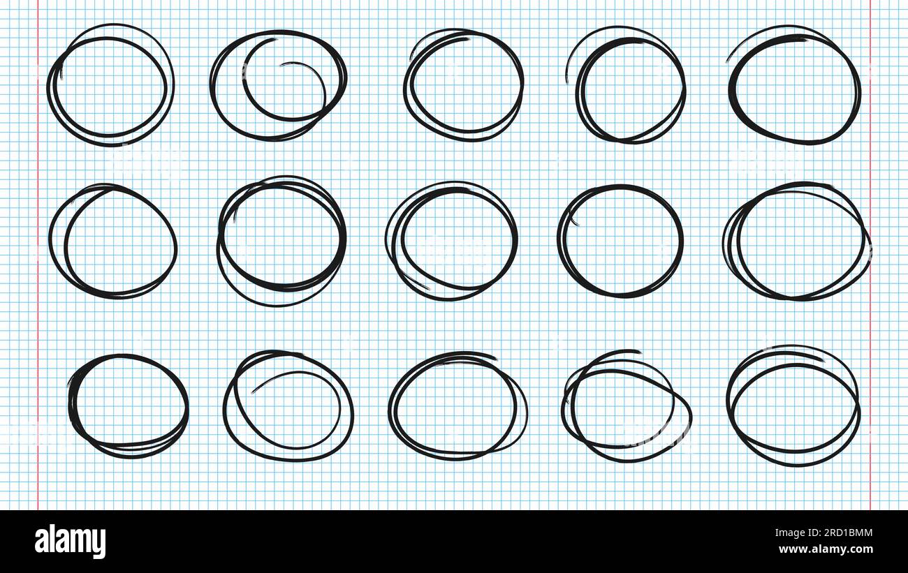 Hand drawn circles line sketch set on notebook pages. Doodle graffiti ...