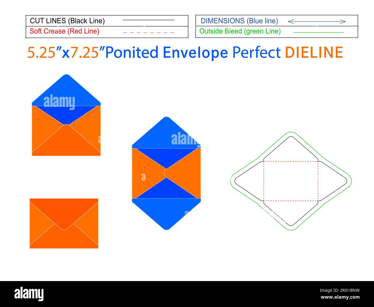 Baronial envelope or Pointed flap envelope 5.25x7.25 inch dieline ...