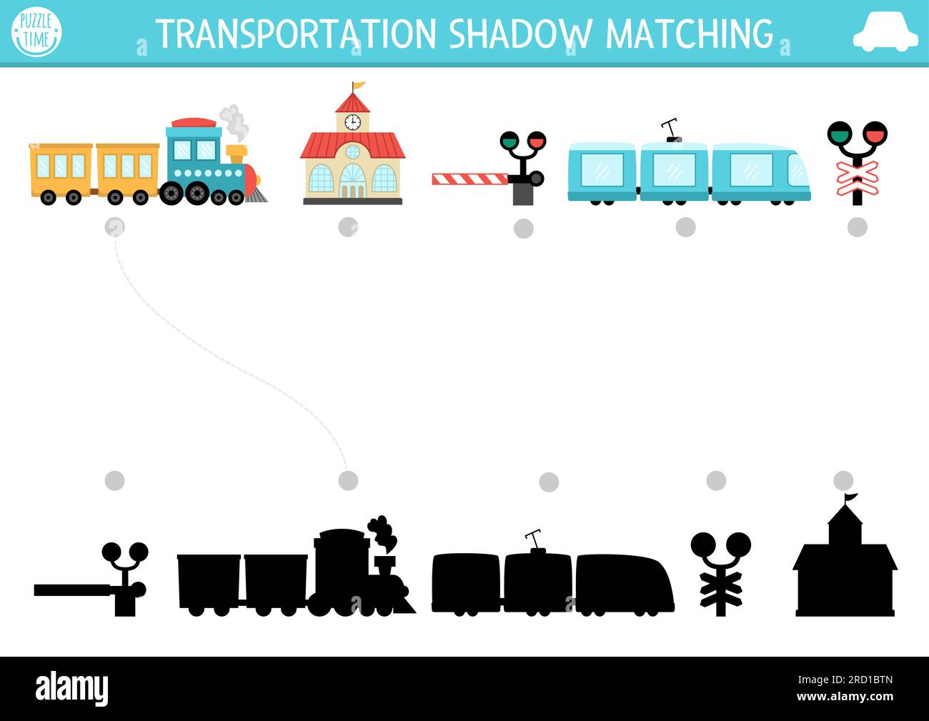 Transportation shadow matching activity. Railway transport puzzle with ...