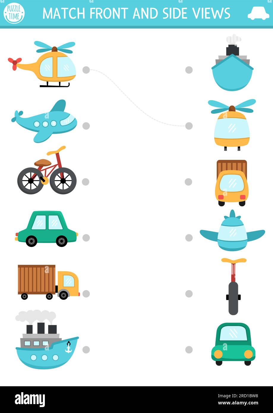 Transportation matching activity with cute side and front view of ...