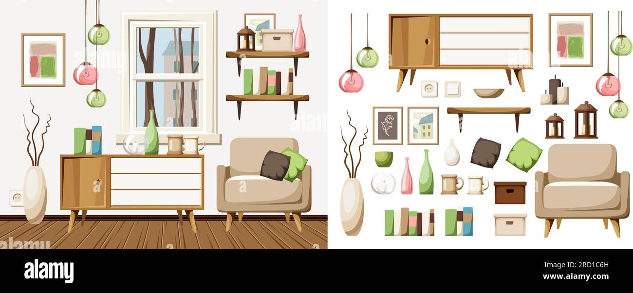 Autumn living room interior design with an armchair, a dresser ...