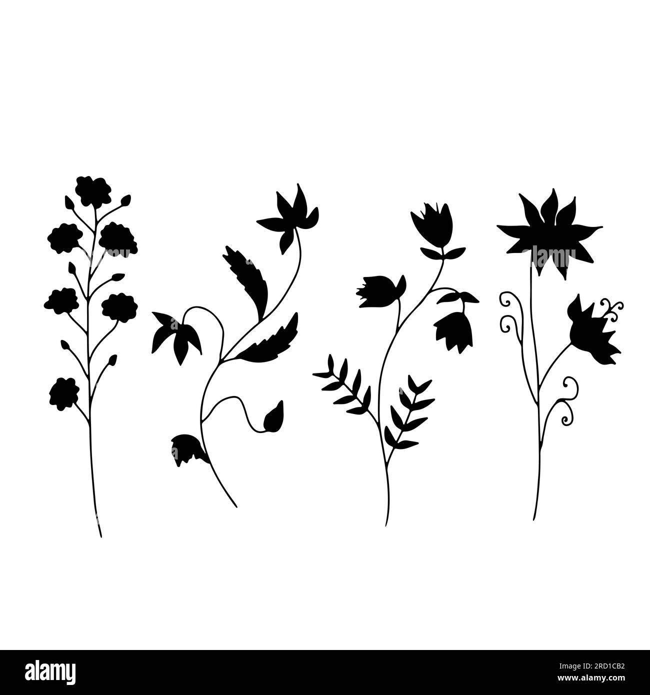 Hand drawn wild flowers silhouettes illustrations set isolated on white ...