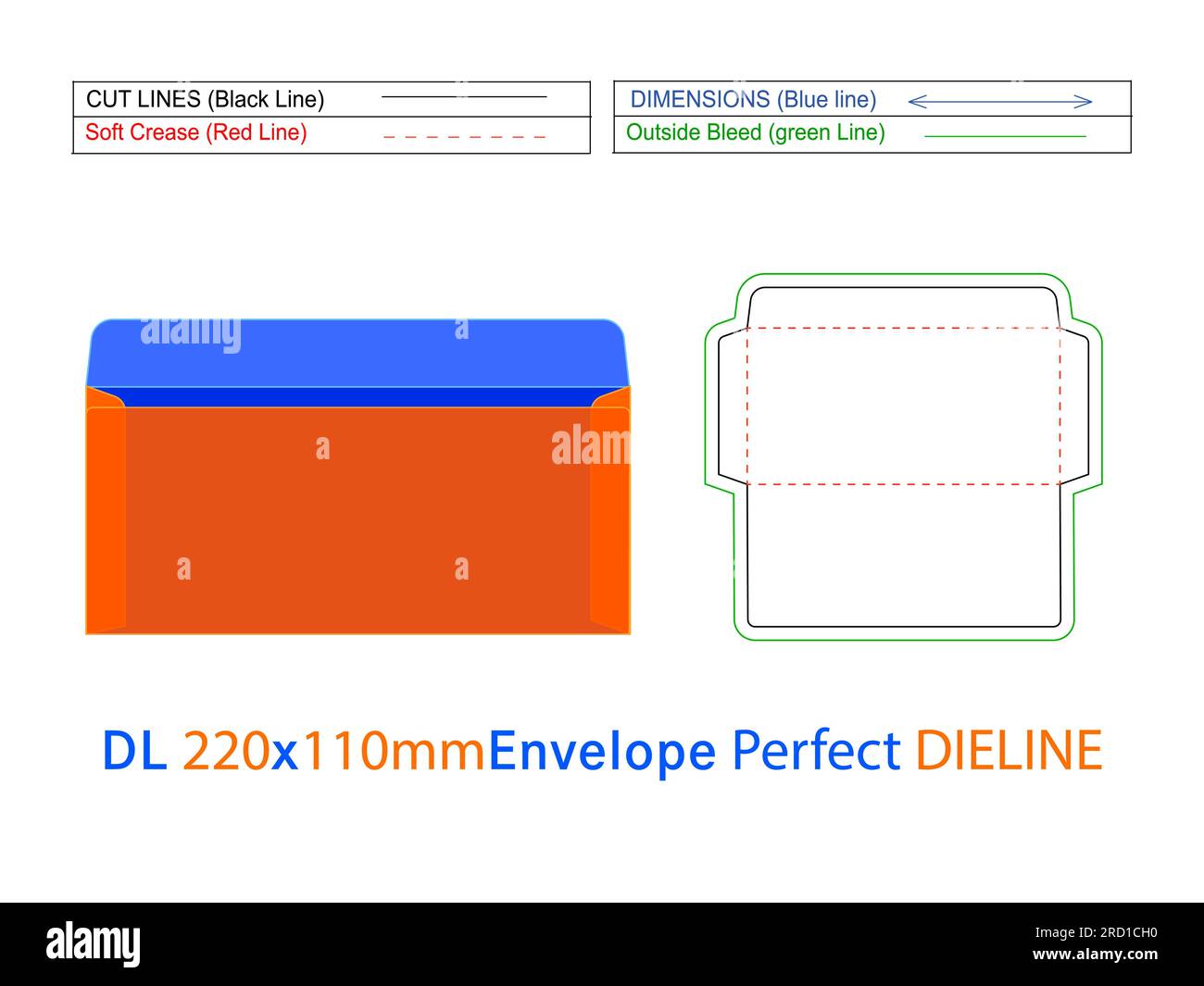 Document envelope or DL 220x110mm die line template and 3D envelope ...