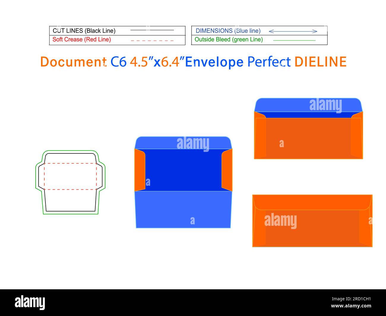 Document envelope C6 4.5x6.4 inch die line template and 3D envelope ...