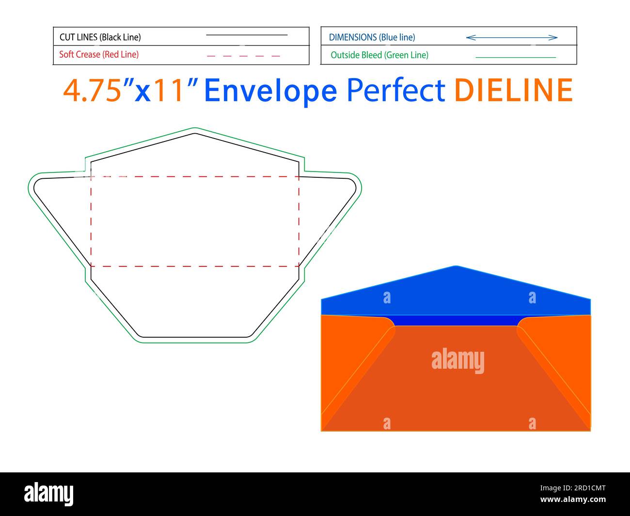 Regular Envelope design 4.75x11 inch dieline template and 3D envelope ...