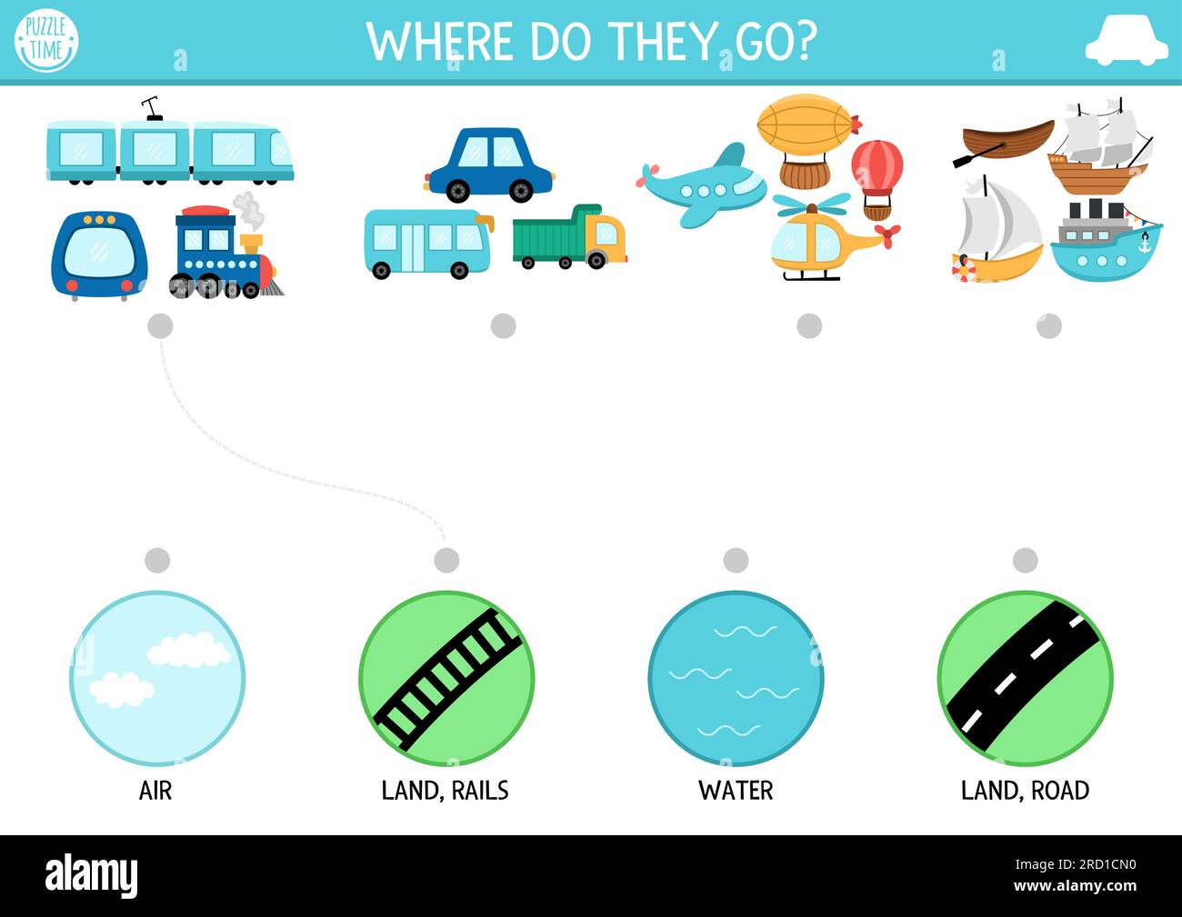 Transportation matching activity with cute plane, ship, train, places ...