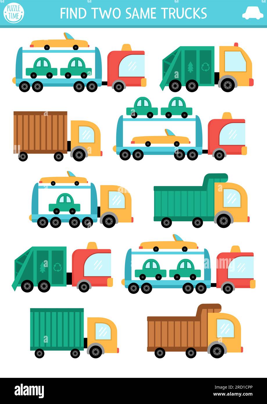 Find two same trucks. Transportation matching activity for children ...