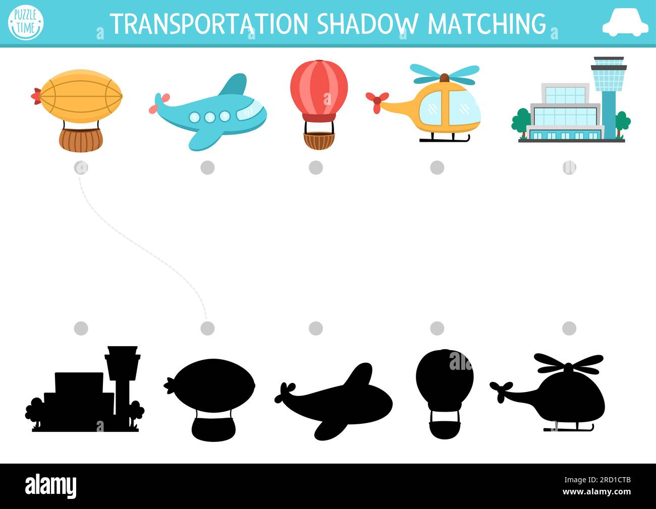 Transportation shadow matching activity. Air transport puzzle with cute ...