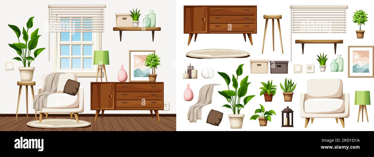 Scandinavian living room interior design with a white armchair, a ...