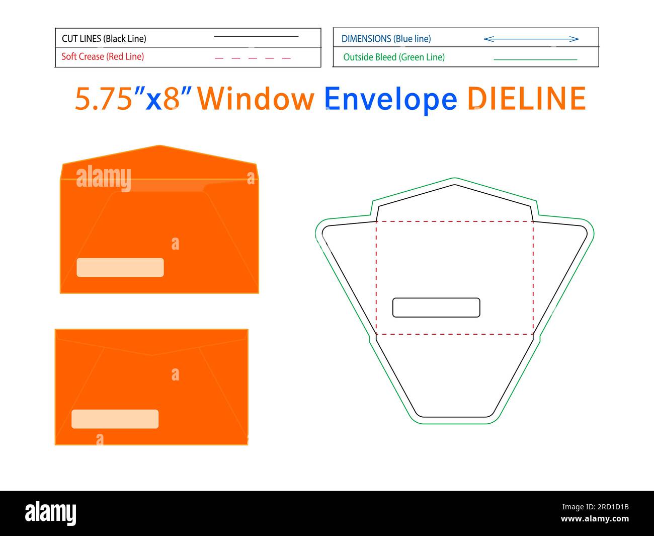 Window Packaging Envelope 5.75x8inch dieline template and 3D envelope ...