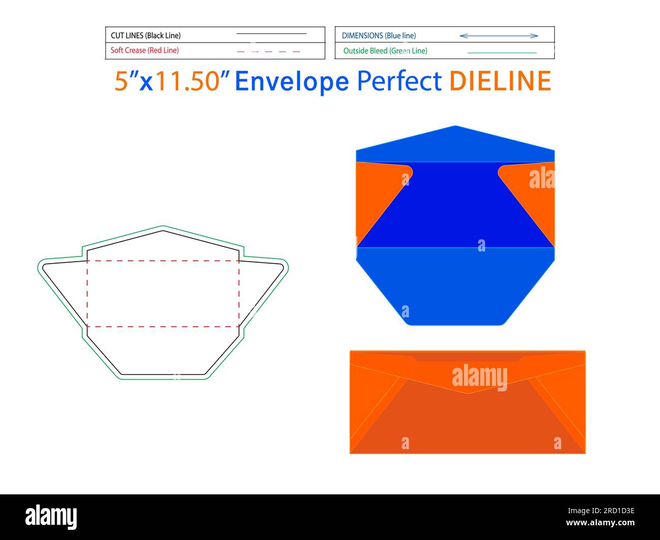 5x11.50 inch Regular Envelope die line template and 3D envelope ...