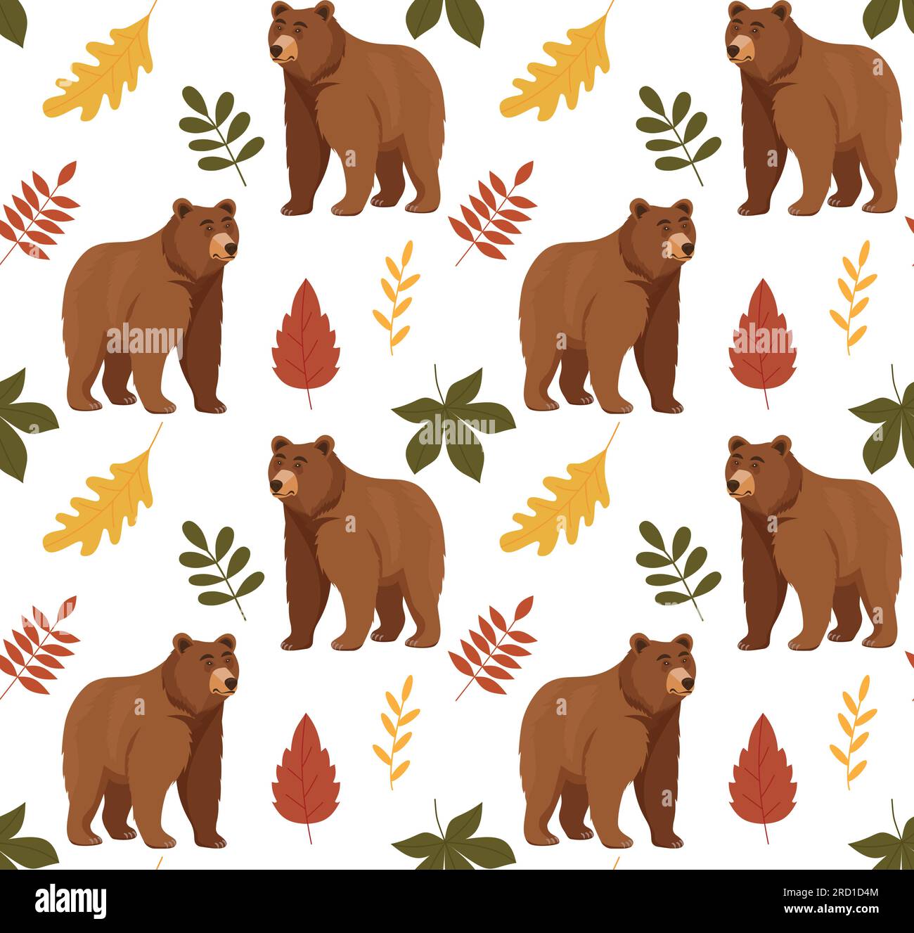 Seamless pattern with cute bears with autumn leaves. Hand drawn ...