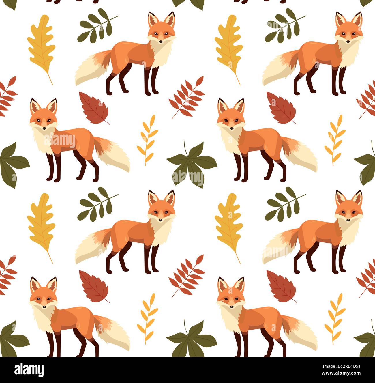 Seamless pattern with cute foxes with autumn leaves. Hand drawn ...
