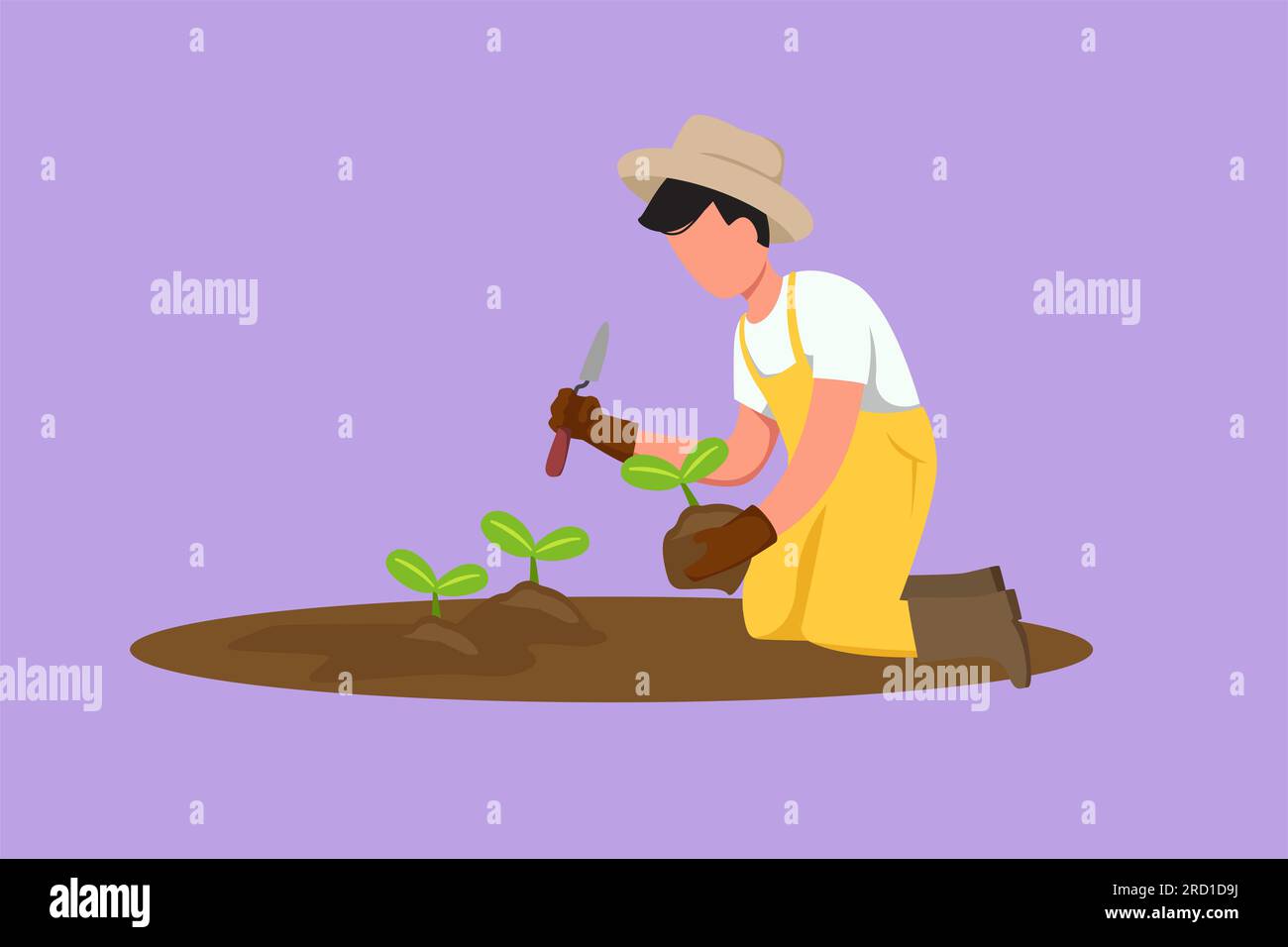 Cartoon flat style drawing of happy young male farmer planting plant ...