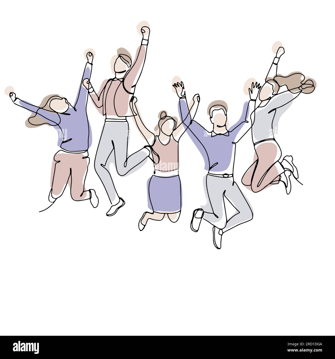 Single line drawing of jumping people, men and women with pastel ...