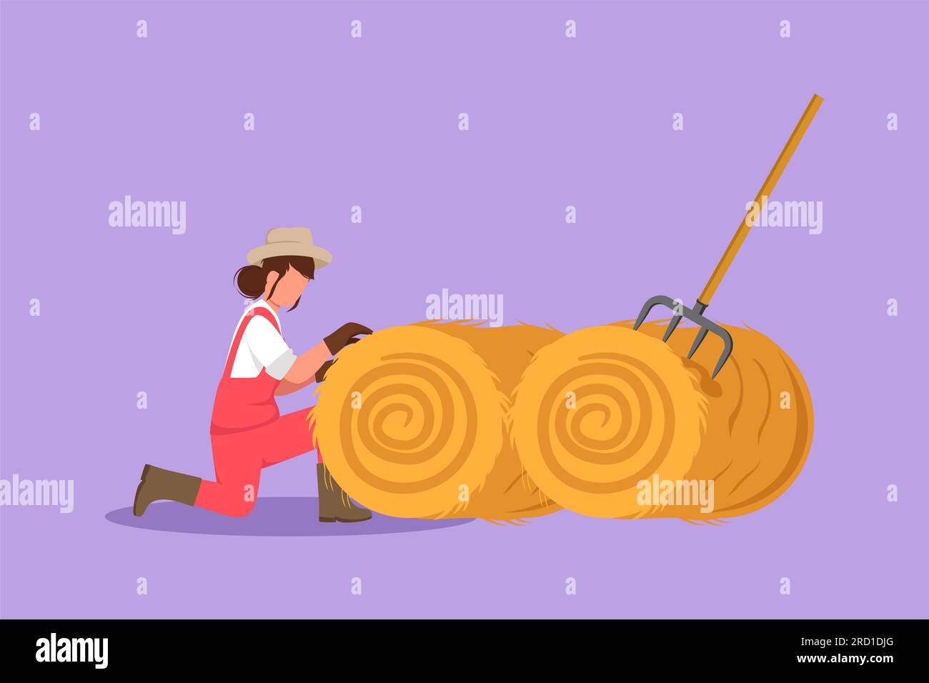 Character flat drawing of young female farmer was stabbing a haystack ...