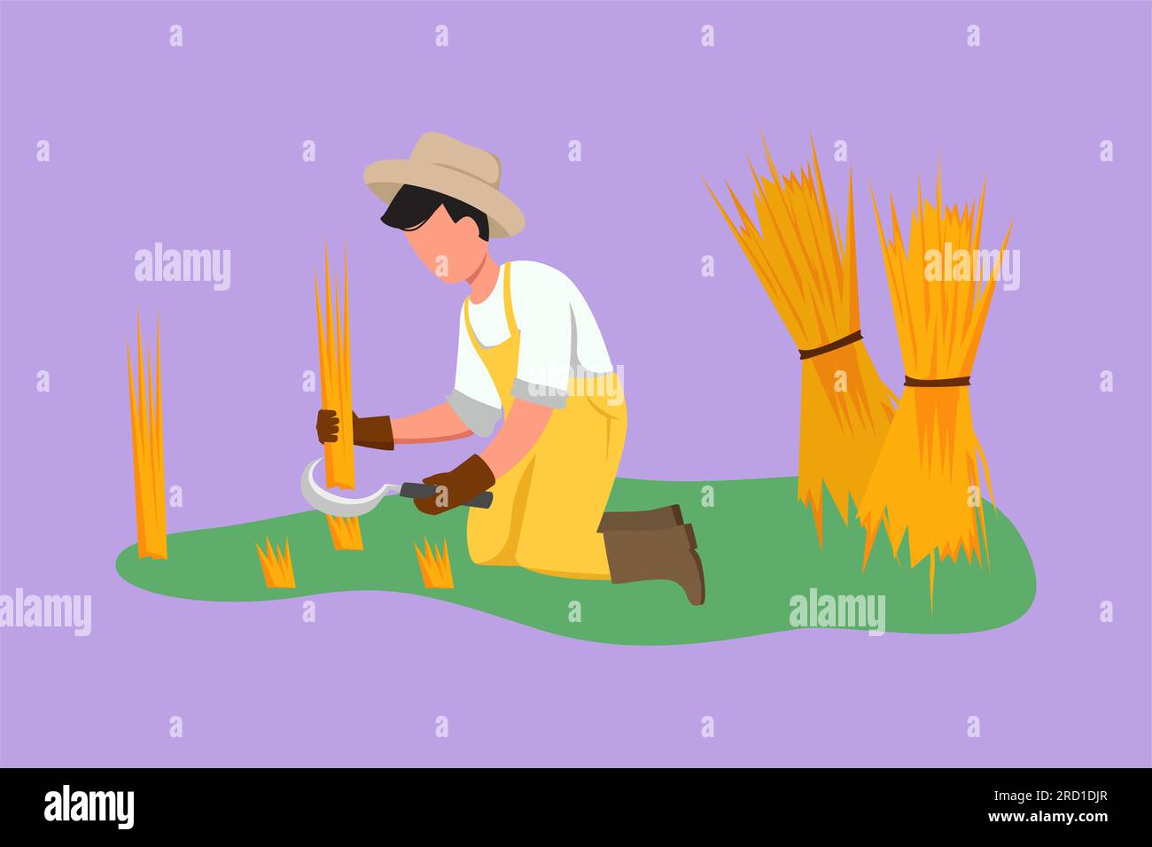 Cartoon flat style drawing happy male farmer harvesting rice and there ...
