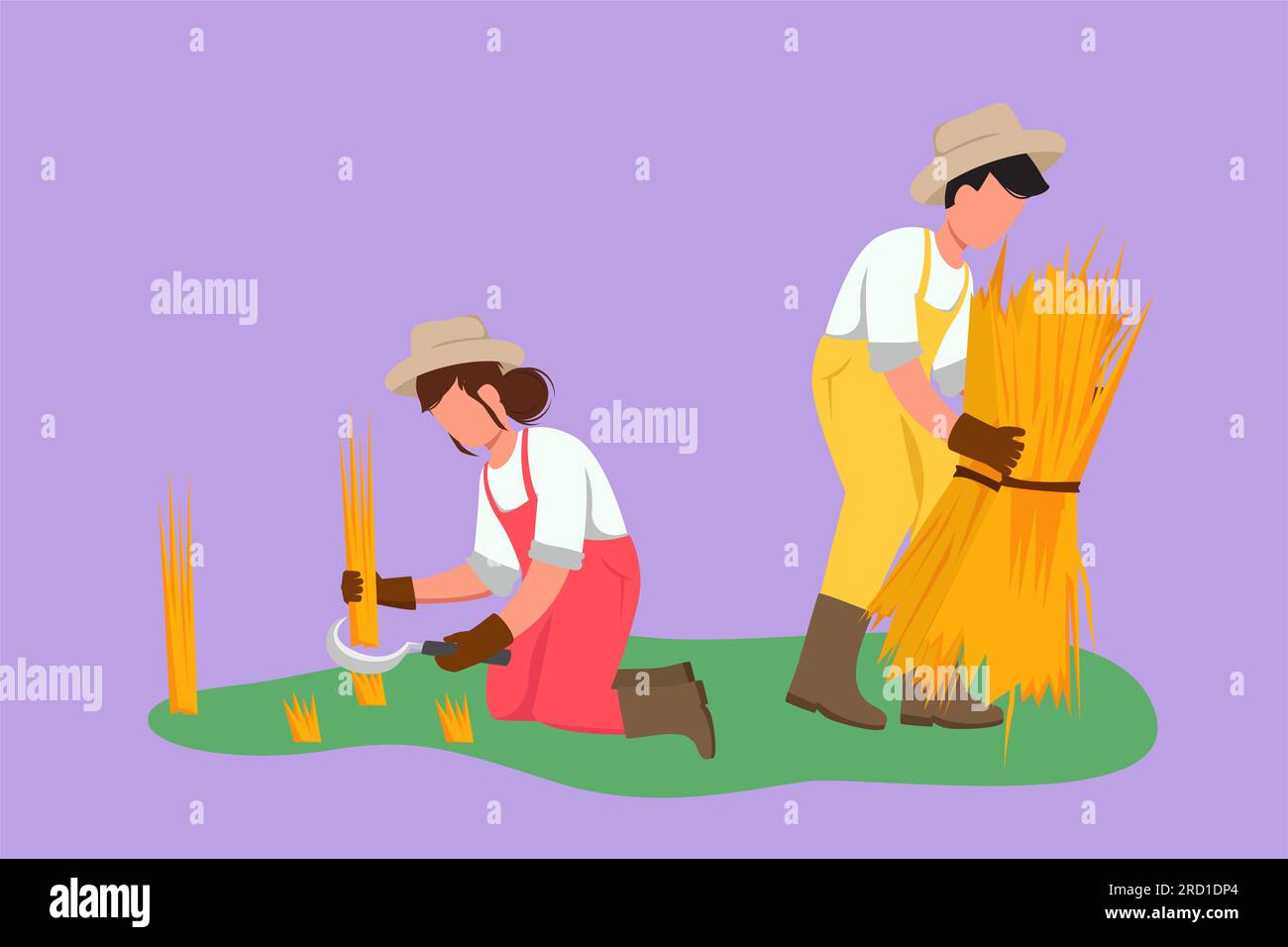Cartoon flat style drawing happy couple farmers harvesting rice and ...