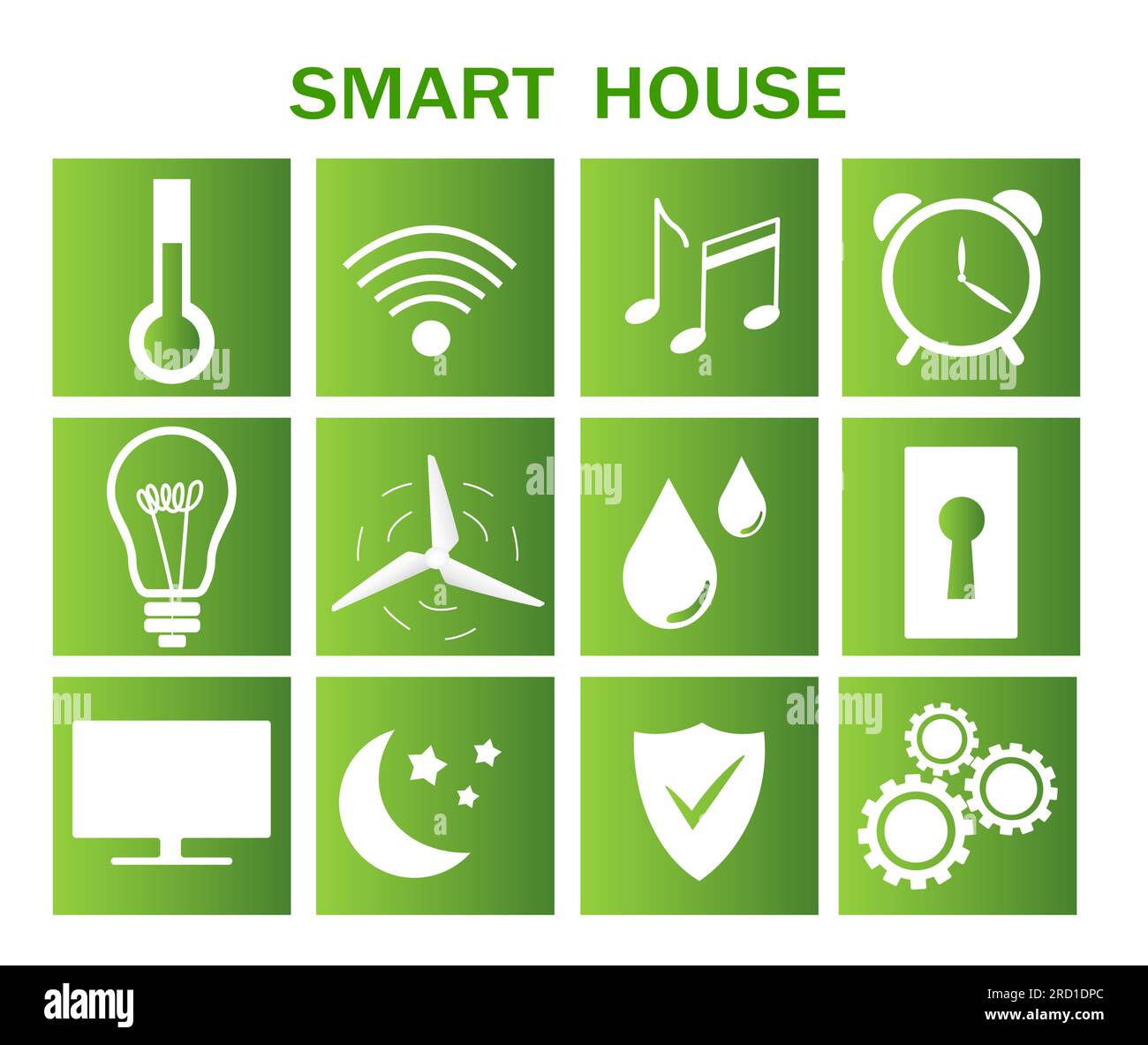 Icon set, smart home symbol, buttons on green background. For computer ...