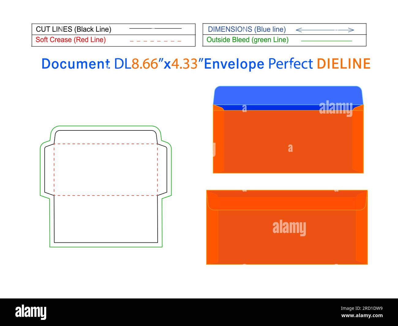 DL 8.66x4.33 inch Document envelope die line template and 3D envelope ...
