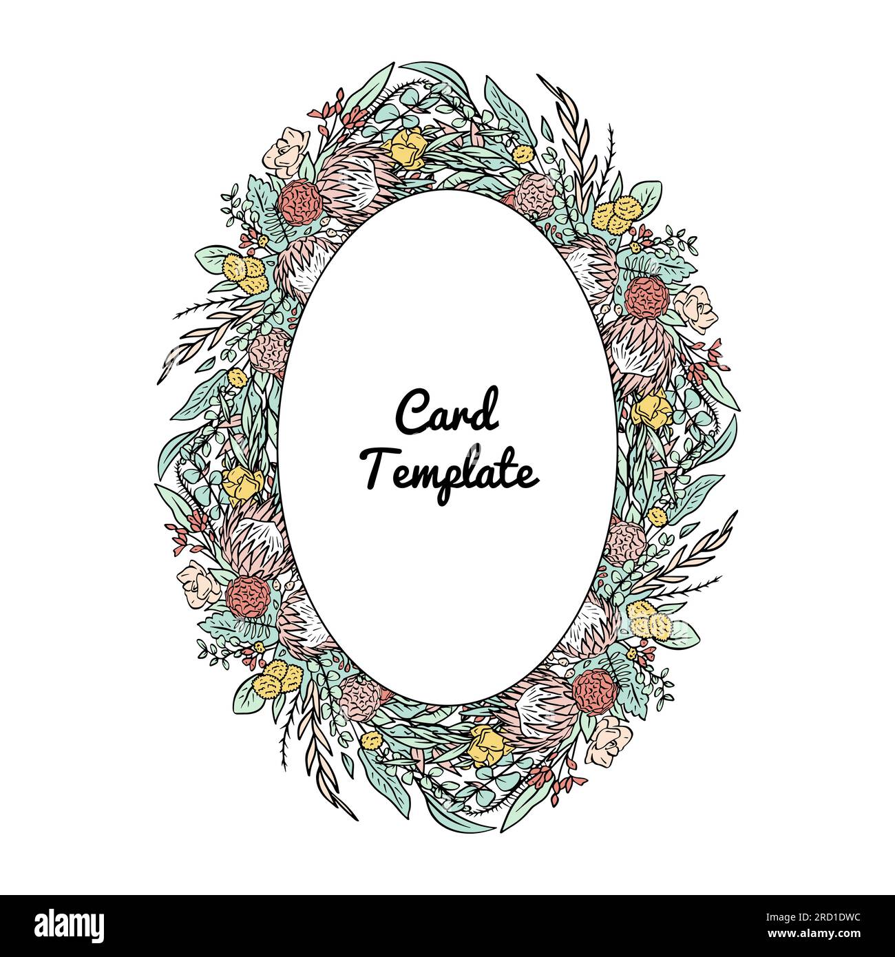 Hand drawn colorful line art tropical protea flower vertical oval frame ...
