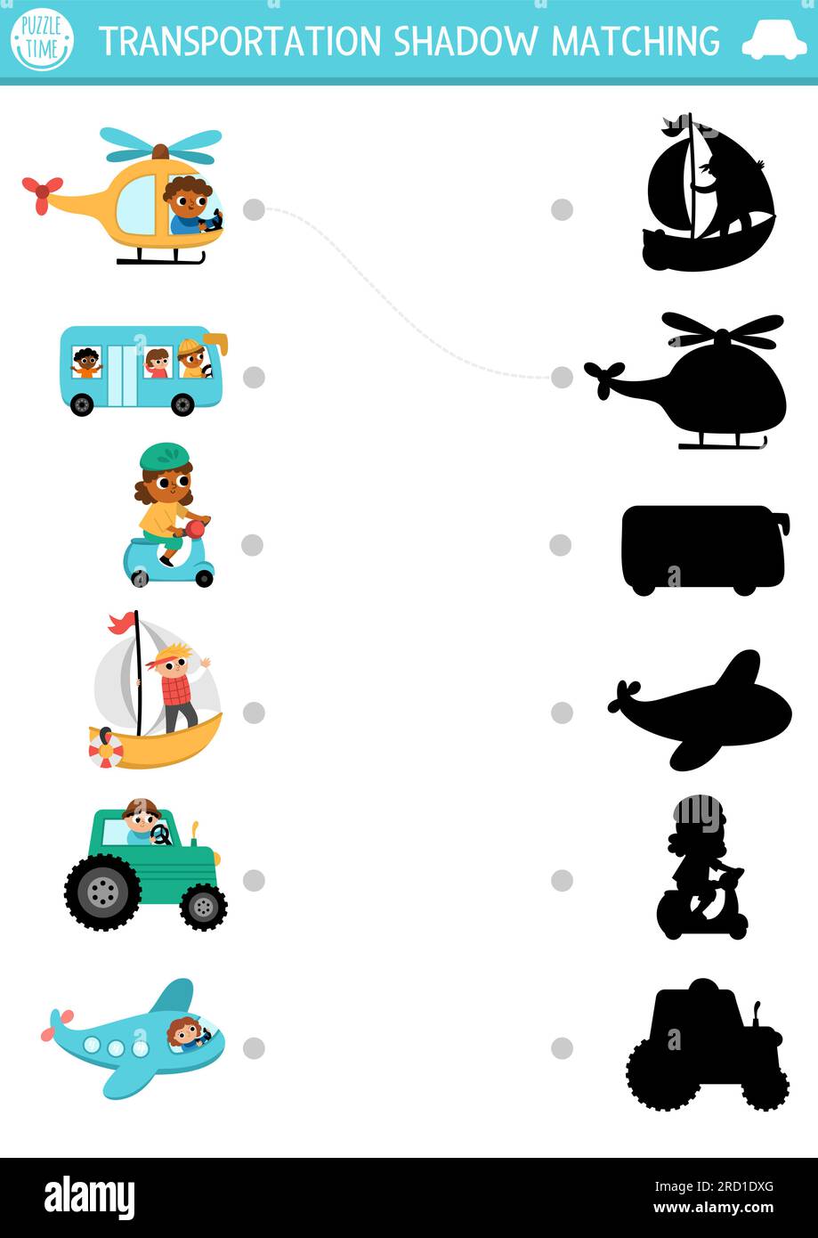 Transportation shadow matching activity. Transport puzzle with cute ...