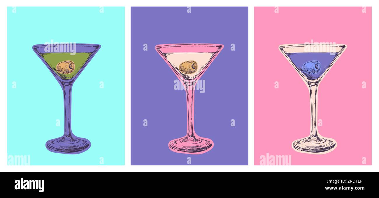 Set of Colored Martini Cocktails with Olives Vector Illustration Set of ...