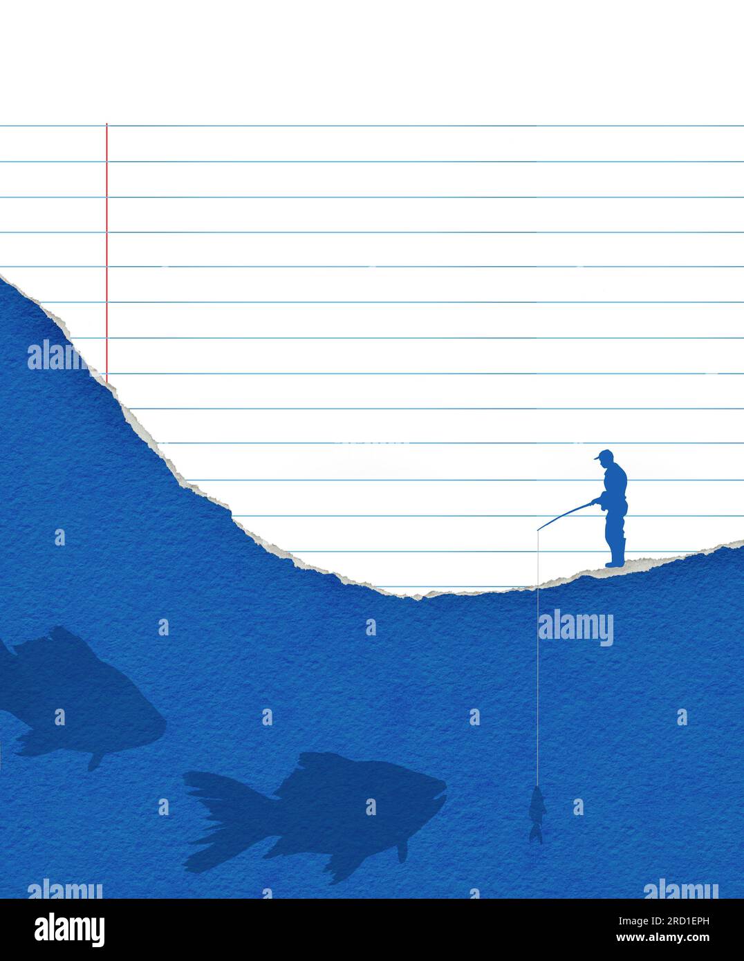 A fisherman drops a line in water that is made of torn blue paper as ...