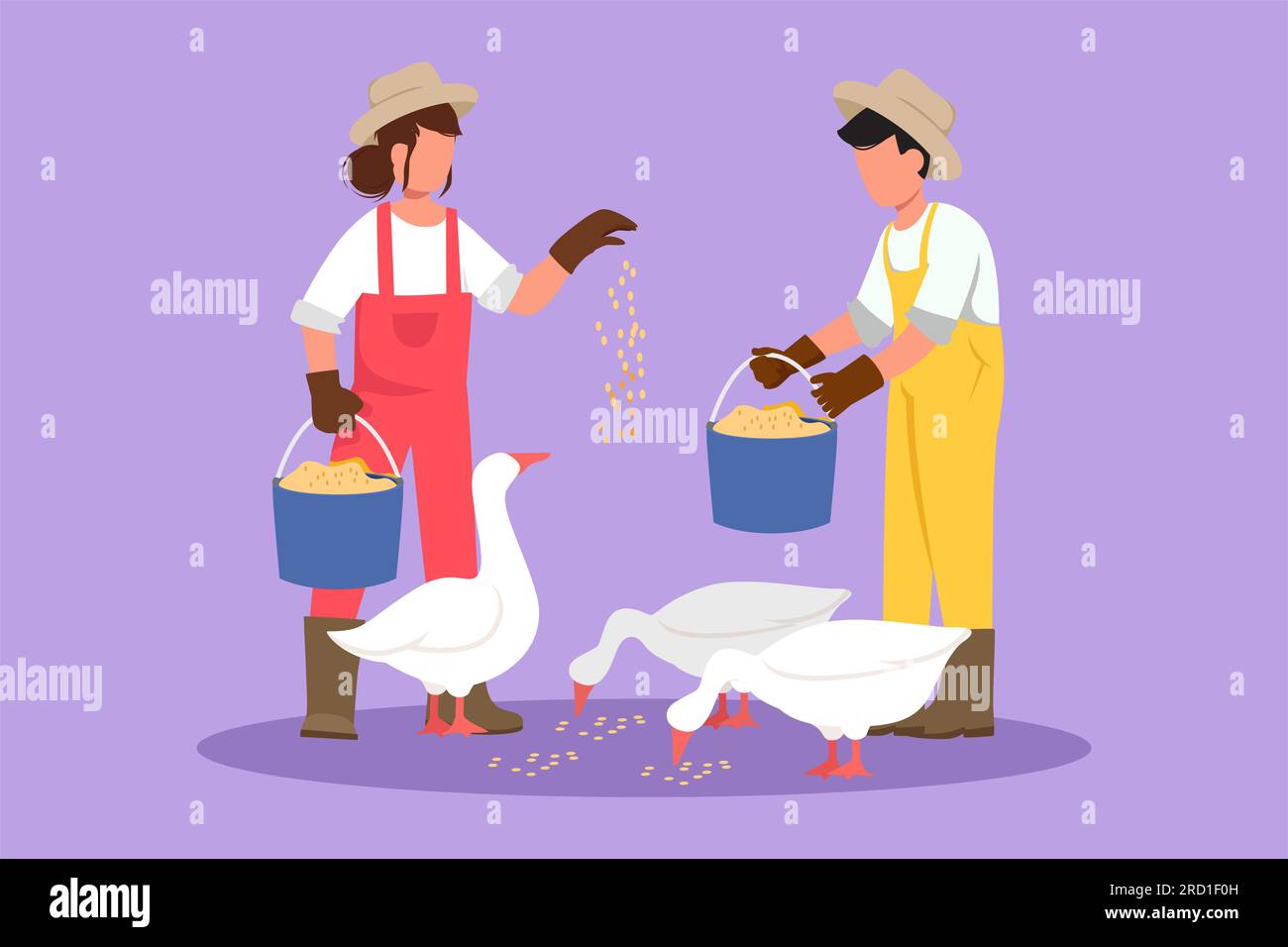 Cartoon flat style drawing couple farmers feeding geese or ducks to be ...