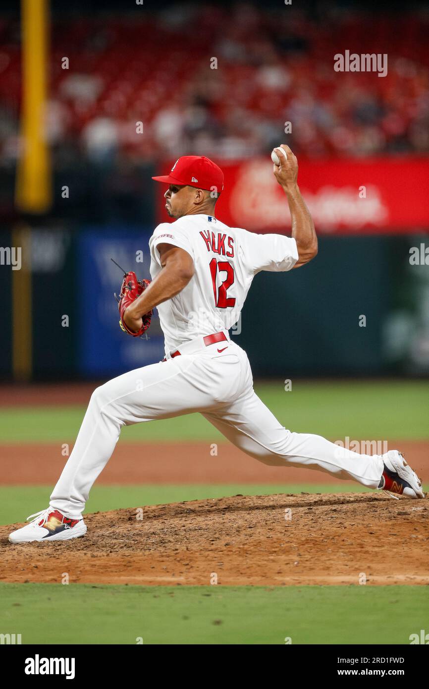 St. Louis Cardinals relief pitcher Jordan Hicks (12) throws to the plate in the ninth inning ...