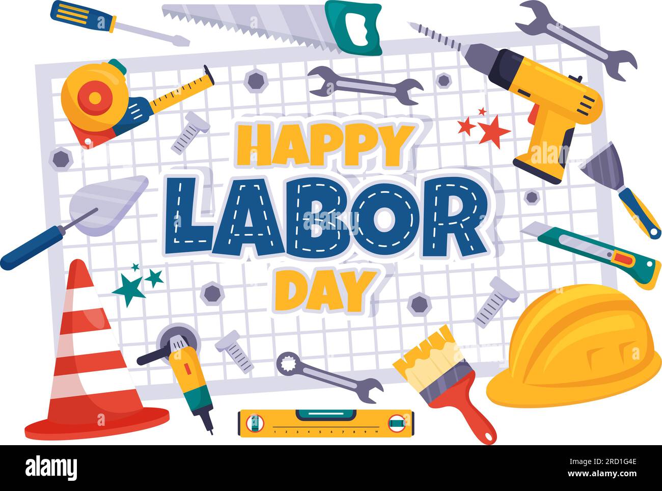 Happy Labor Day Vector Illustration with Various Construction Tools for Workers Buildings in ...
