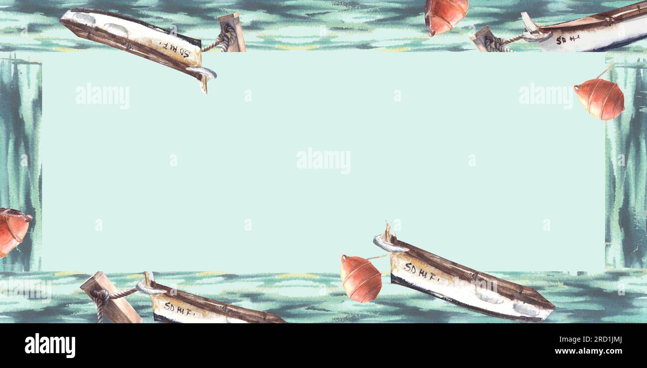 Watercolor frame red buoys and boats at sea Hand painted illustration on light coloured ...