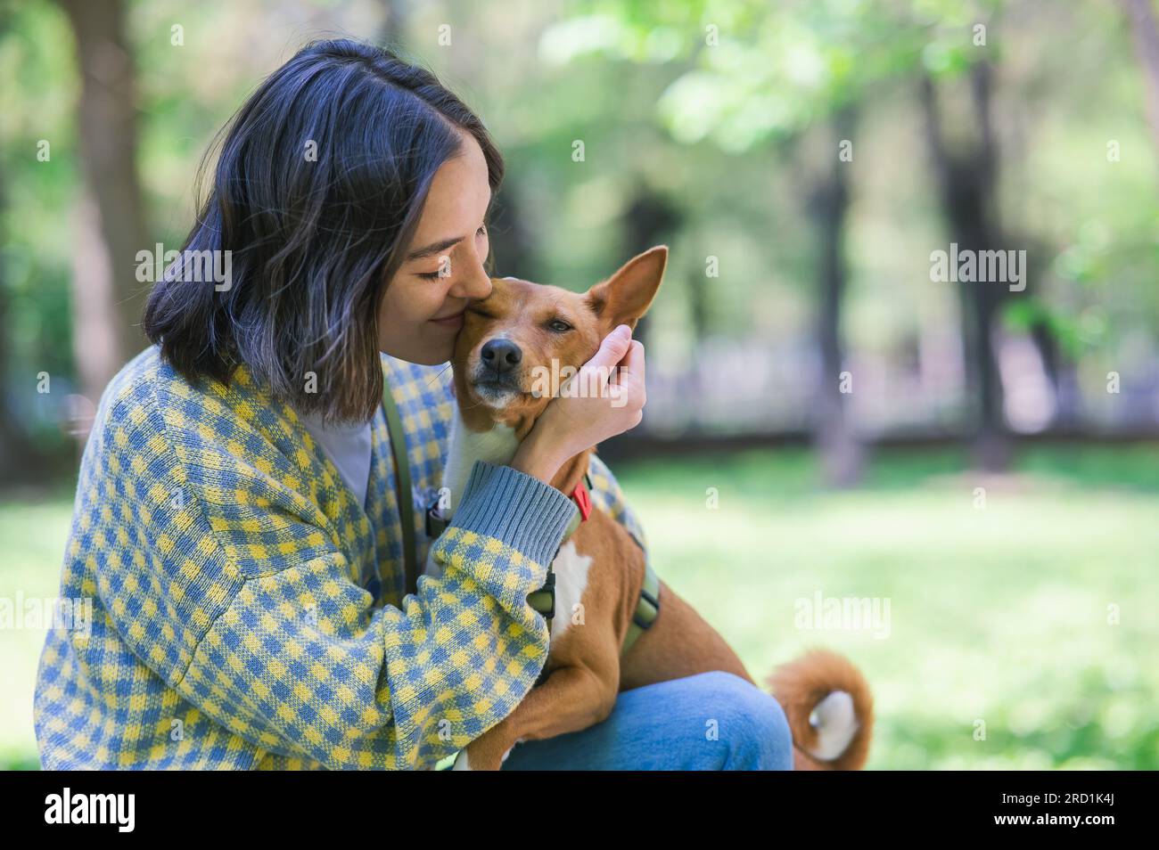 A young beautiful girl hugs a dog on a walk. Non-barking african ...