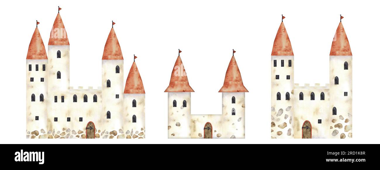 Medieval childish castle watercolor hand drawn illustration. Paint ...