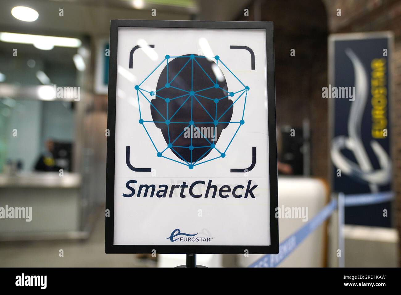A sign for the new SmartCheck facial biometric check-in system at the Eurostar terminal in St ...