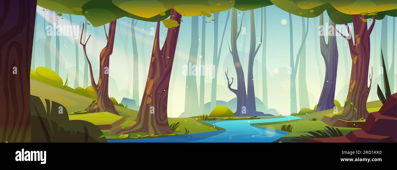 Sunny day in green forest with blue river. Vector cartoon illustration ...