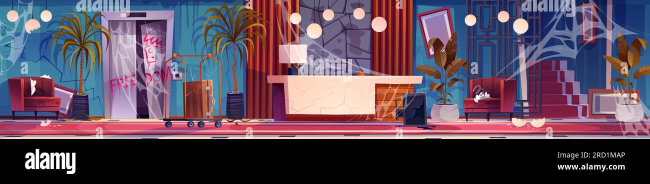 Abandoned dirty hotel lobby room interior cartoon background. Tourism ...