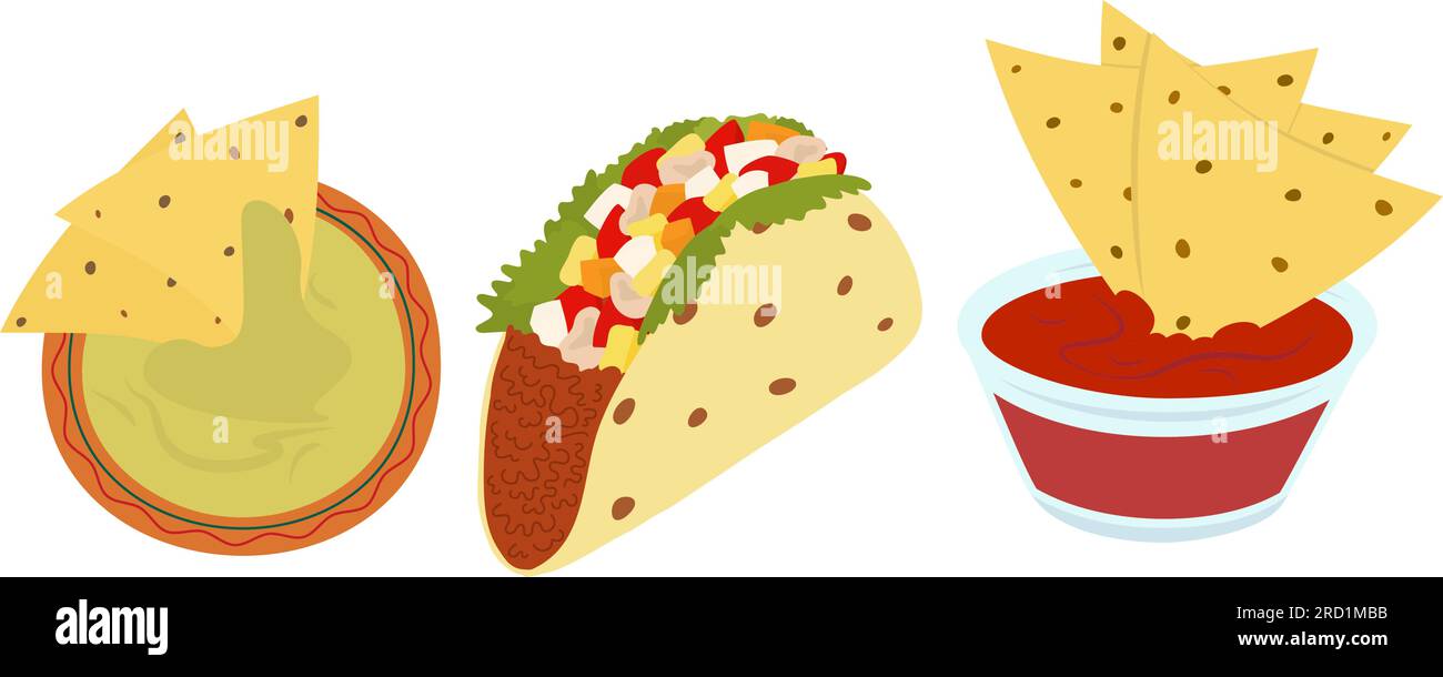 Set of 3 most popular Mexican dishes. Tacos, nachos and salsa sauce ...