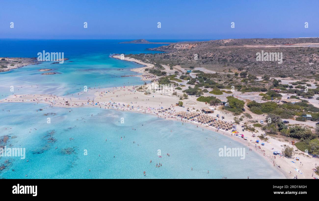 Drone view over busy Elafonisi beach in summer - Crete, Greece Stock ...