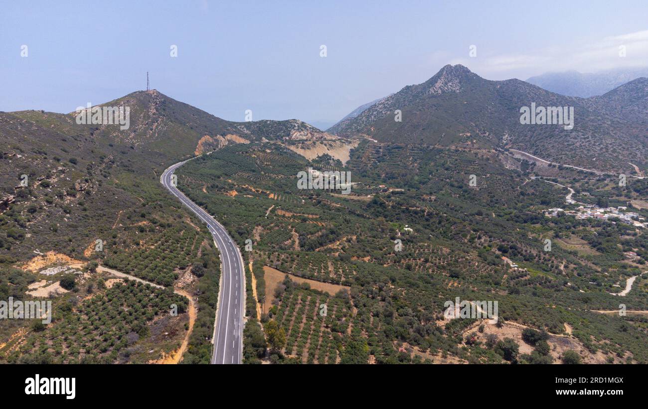 Aerial shot of the new national road and lanscape of Crete - Crete ...