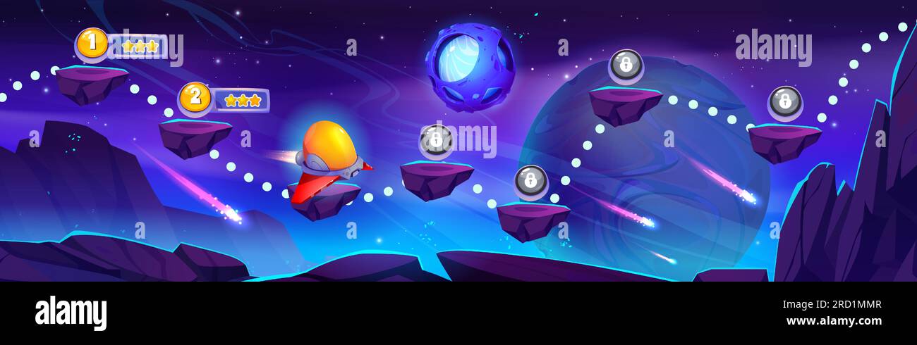 Galaxy Space Vector Map Level Game Ui Background Fantasy Alien Spaceship Flying On Asteroid