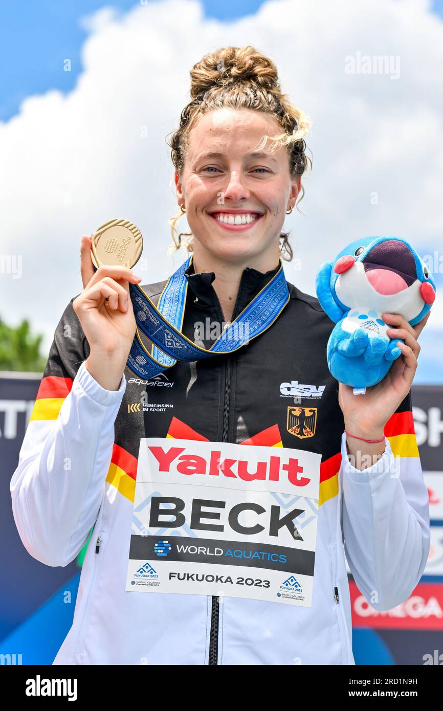 Fukuoka, Japan. 18th July, 2023. Leonie Beck of Germany shows the gold ...